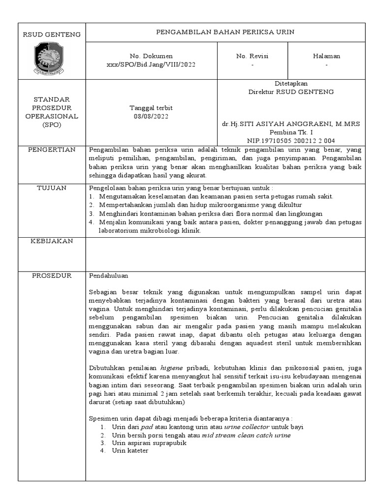 SPO Pengambilan Sampel Urin | PDF