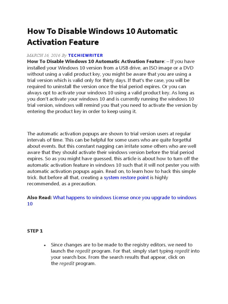 How To Disable Windows 10 Automatic Activation Feature | PDF | Windows ...