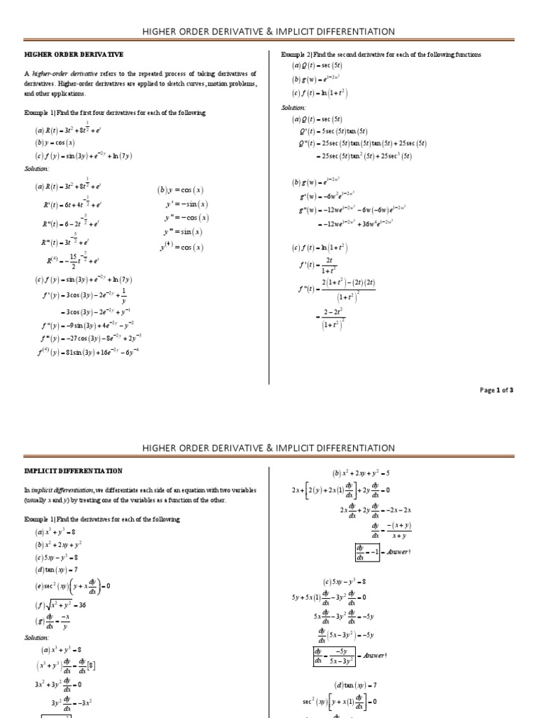 Ch3 Higher Order Derivatives And And Implicit Differentiation Pdf Derivative Subtraction