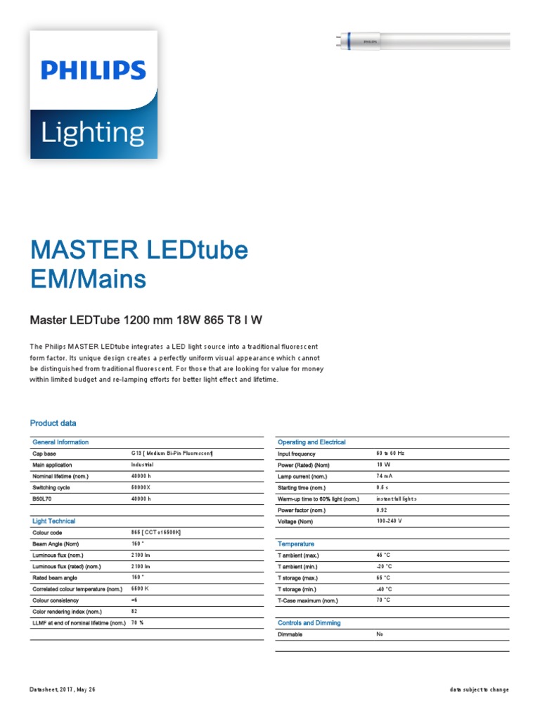 Master LEDTube 1200 MM 18W 865 T8 I W | PDF | Fluorescent Lamp ...