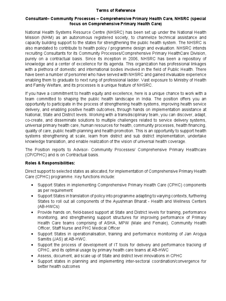 ToR Consultant - Community Processes - Comprehensive Primary Health ...