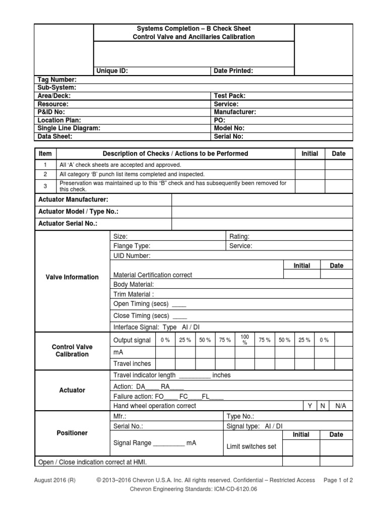 ICM-CD-6120.06 Check Sheet CV & Ancillaries Calibraton | PDF | Valve ...