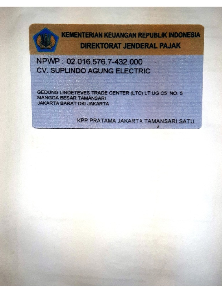 NPWP CV SUPLINDO AGUNG ELECTRIC. New | PDF