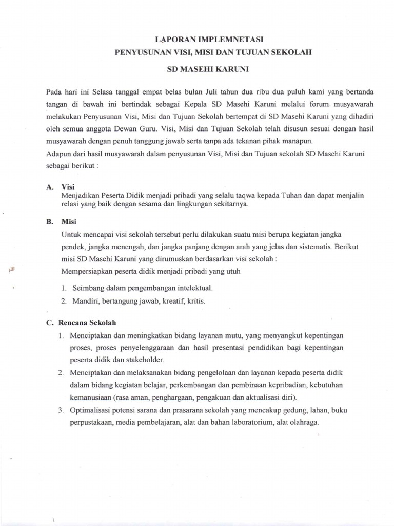 Laporan Implementasi Visi Misi Dan Tujuan Sekolah | PDF
