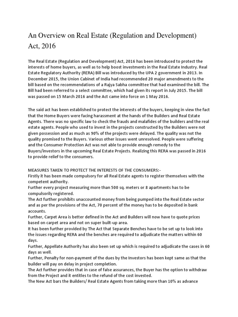 An Overview On Real Estate (Regulation and Development) Act, 2016 | PDF ...