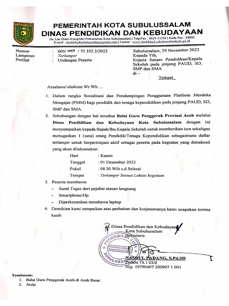 Surat Und. Peserta PMM BGP Aceh 2023 | PDF