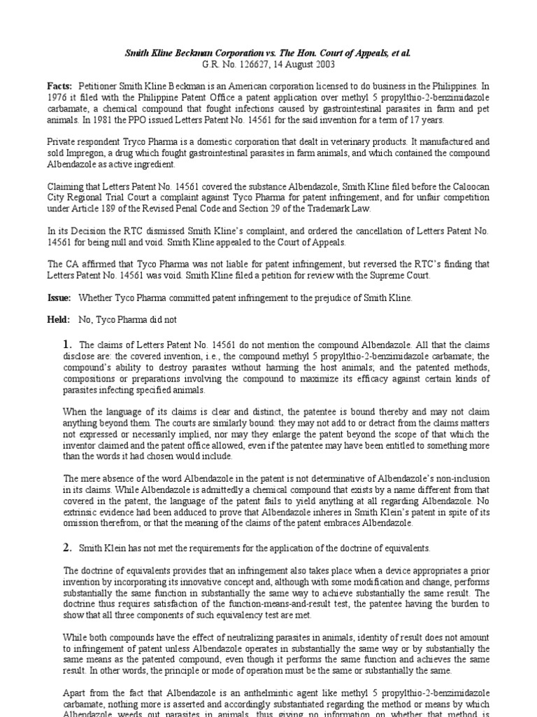 Smith Kline Beckman Patent Case Summary | PDF | Glossary Of Patent Law ...