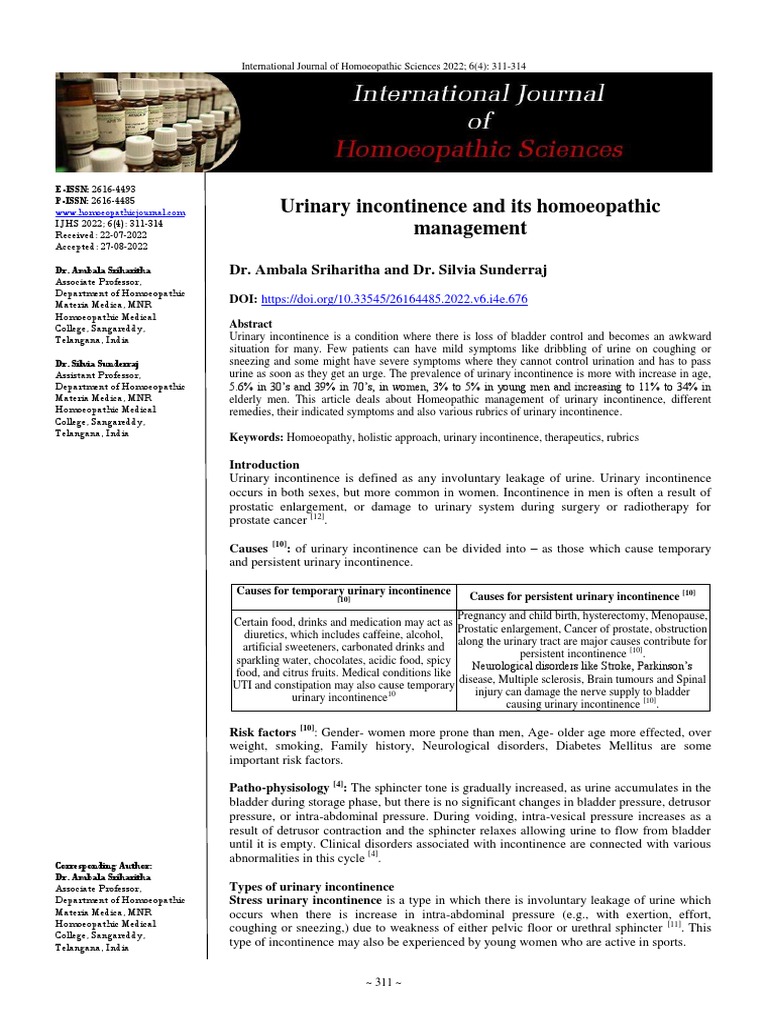 Urinary Incontinence and Its Homoeopathic Management | PDF