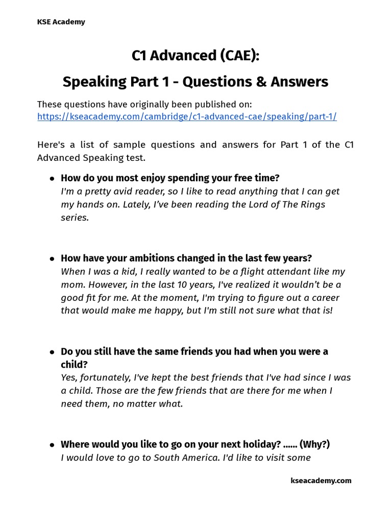 C1 Advanced Cae Speaking Part 1 Questions And Answers Pdf