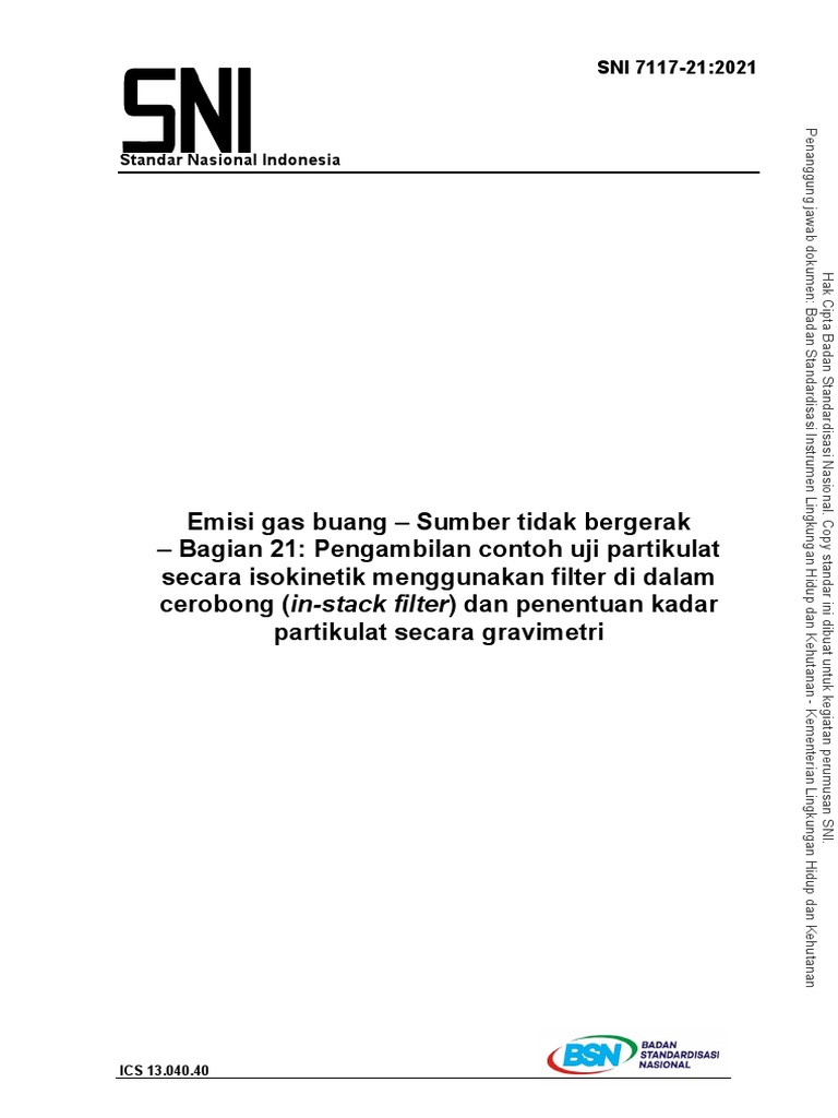 SNI-7117-21-2021-Bagian-21-Pengambilan Contoh Uji Partikulat Secara Isokinetik | PDF
