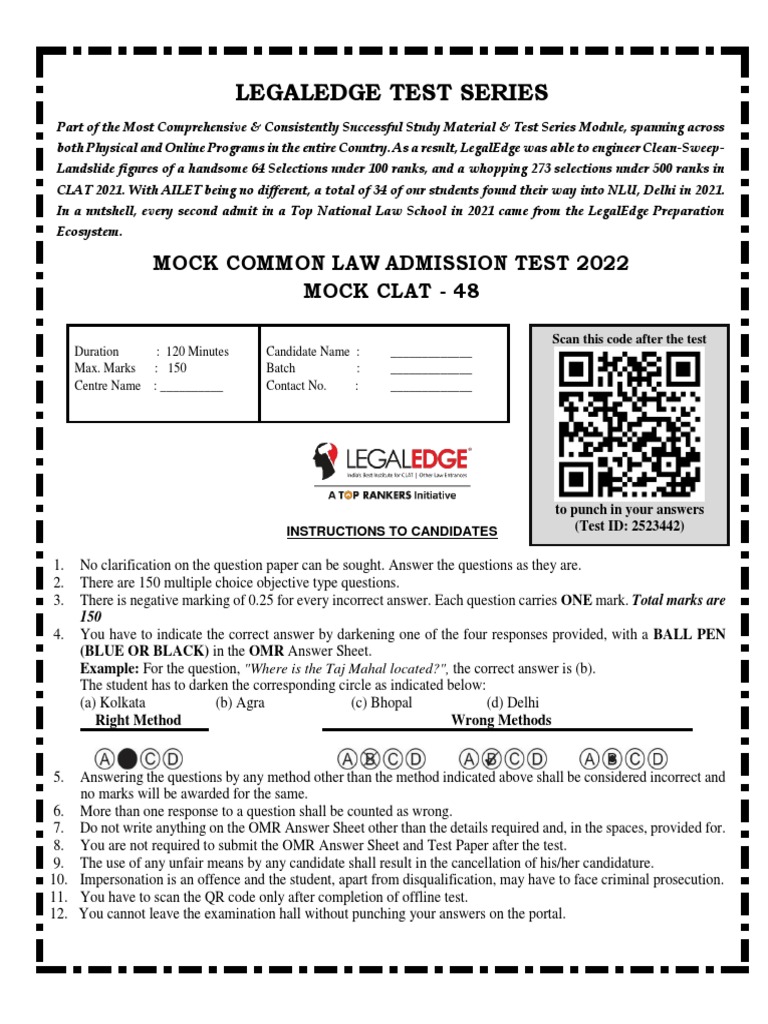 Legaledge Test Series: Mock Common Law Admission Test 2022 Mock Clat ...
