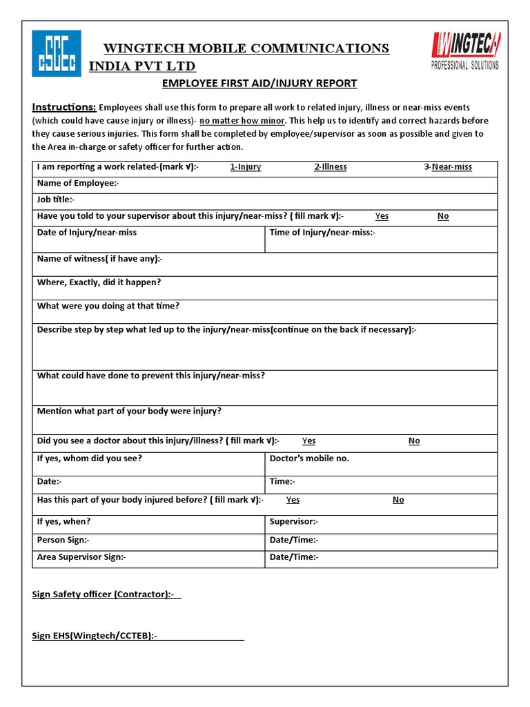 Employee First Aid Incident Report Form | PDF