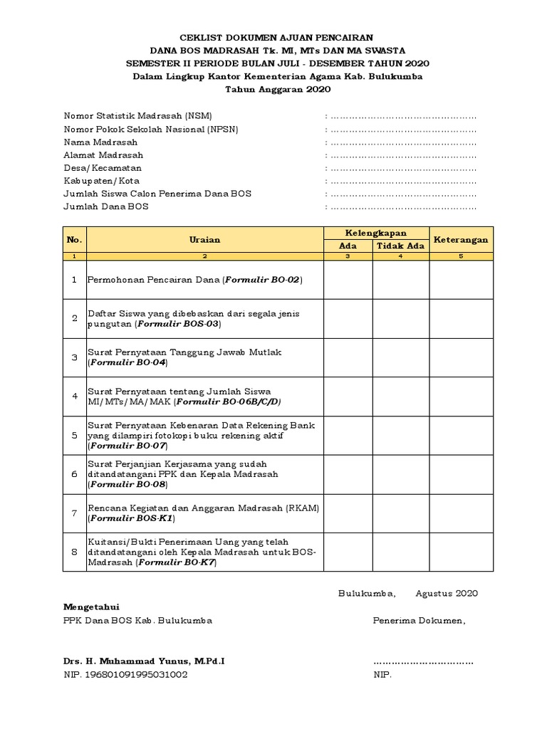 Ceklist Dokumen Pencairan Dana BOS - BOP | PDF