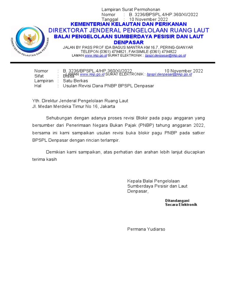 Surat Usulan Revisi PNBP BPSPL Denpasar | PDF Surat Usulan Revisi PNBP BPSPL Denpasar | PDF