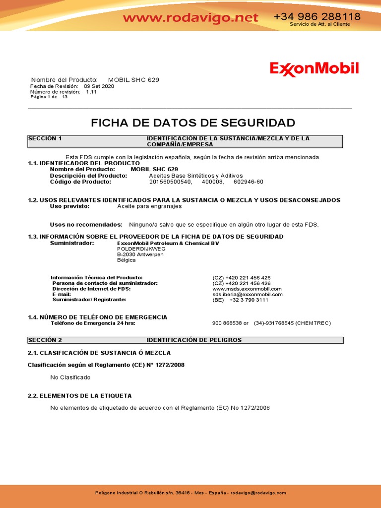 Ficha Seguridad Aceite SHC 629 MobilL | PDF