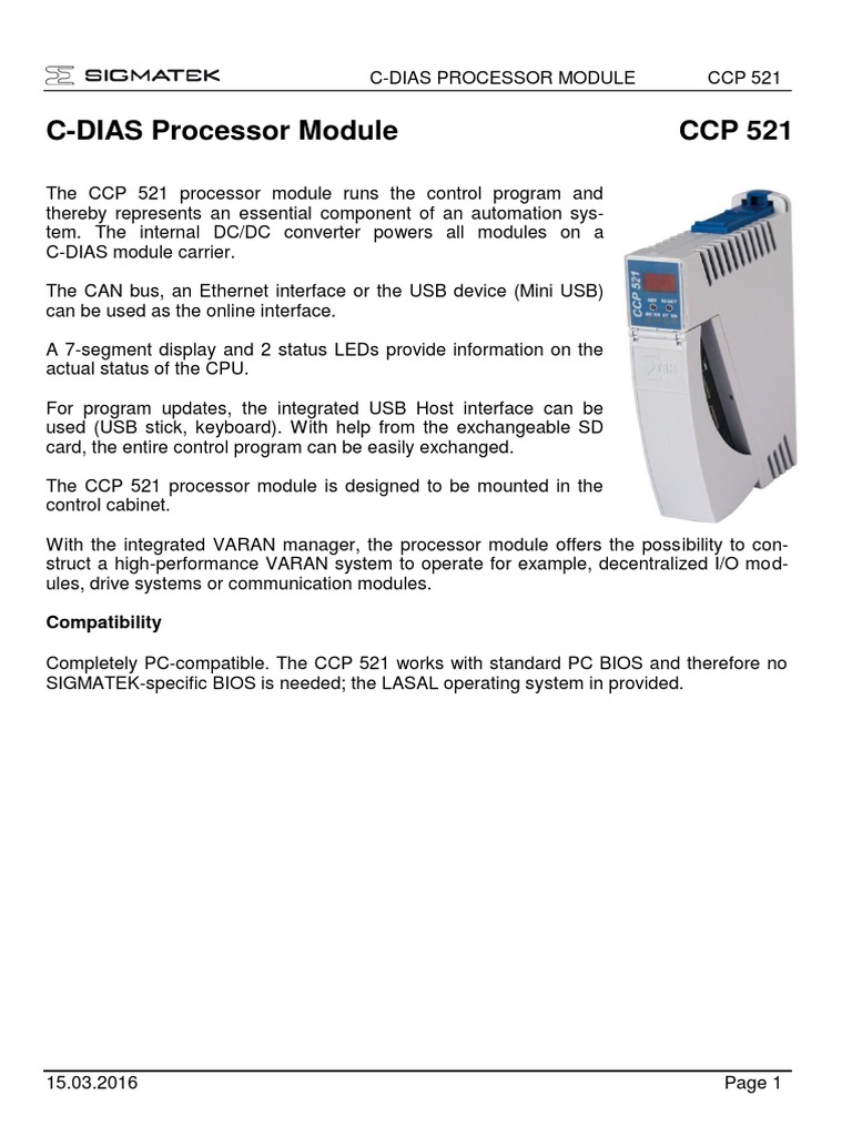 C-DIAS Processor Module CCP 521: Technical specifications and overview of an automation system ...