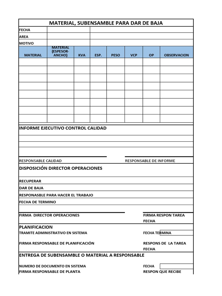 Formato Dar de Baja Material y Subensamble | PDF