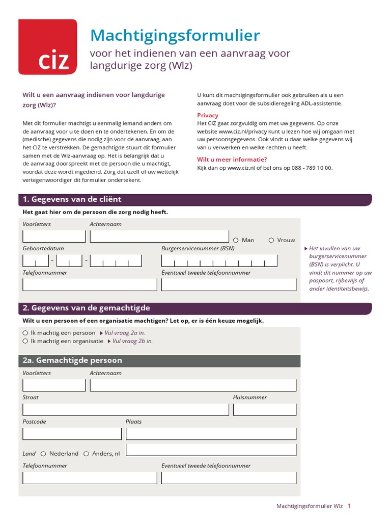Machtigingsformulier CIZ Invulbaar | PDF