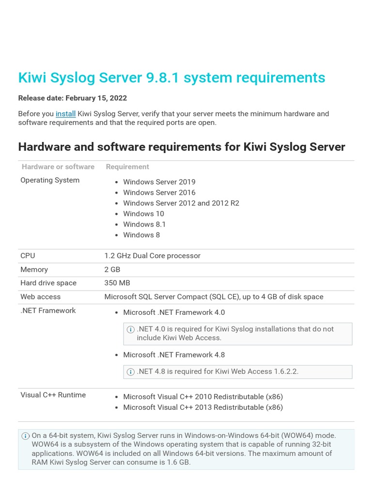 KSS 9.8.1 System Requirements | PDF | Port (Computer Networking) | Microsoft Windows