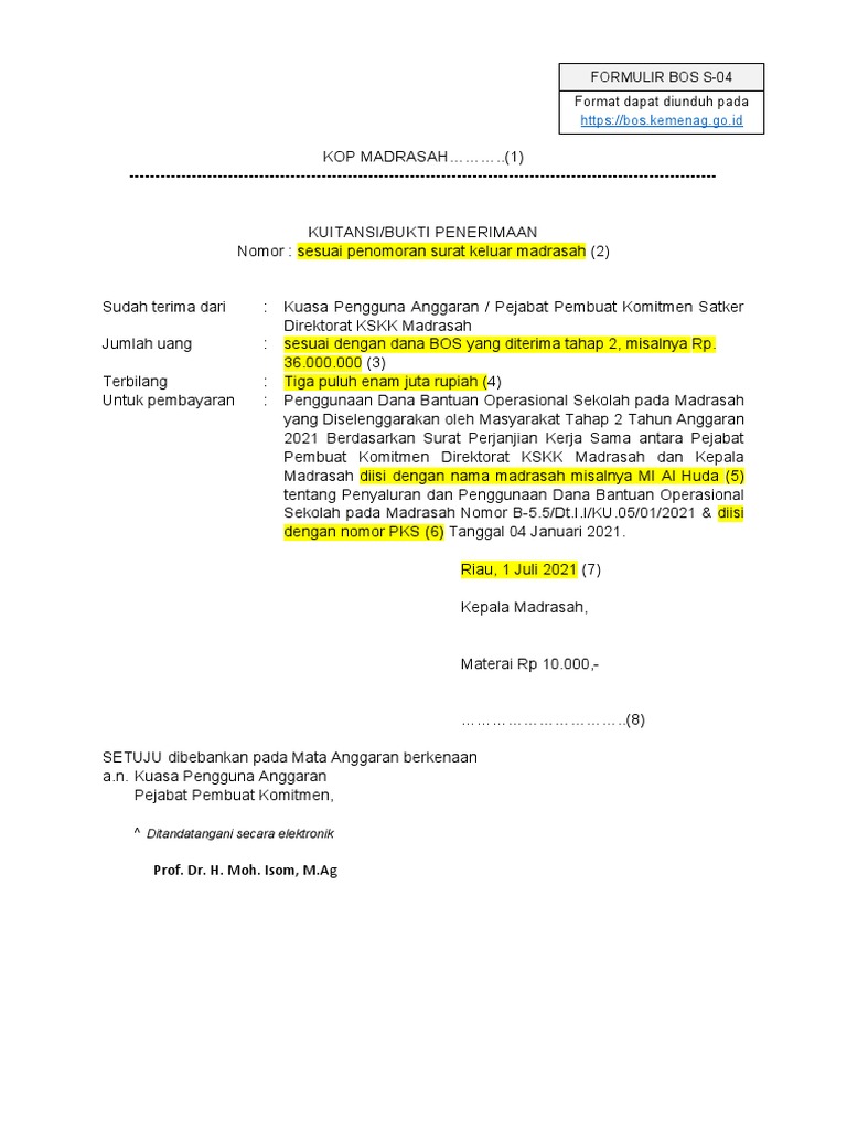 2.3kuitansi Penerimaan Dana BOS Tahap 2 TA 2021 - Contoh Simulasi ...