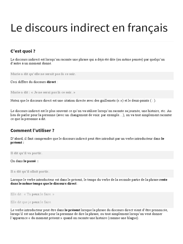 Comprendre le discours indirect en français | PDF | Phrase | Verbe