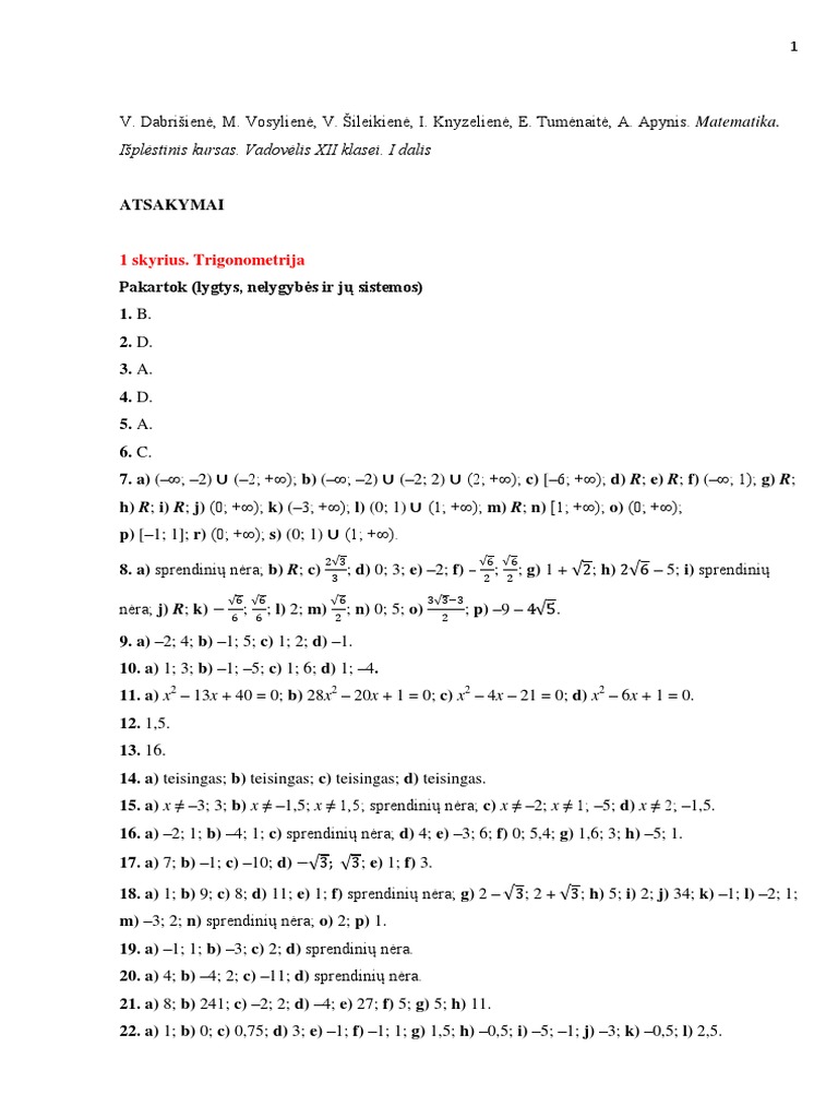 Matematika 12 KL - 1 Dalis - Atsakymai - Visi | PDF