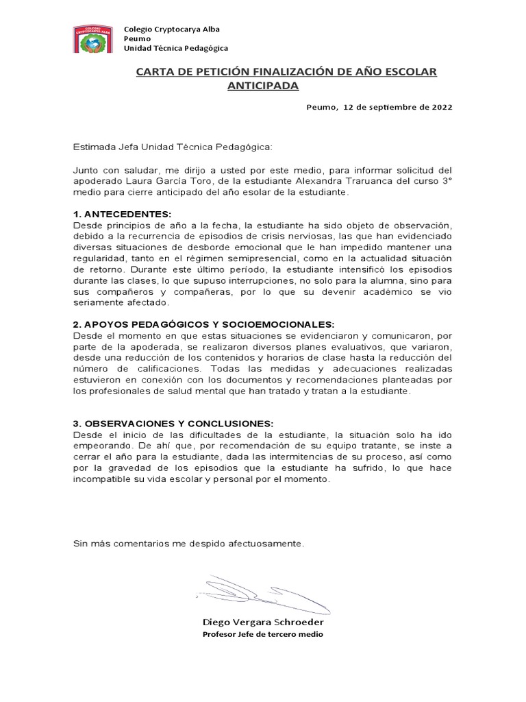 Carta Petición Cierre de Año Escolar Anticipado Ale Traruanca | PDF Carta Petición Cierre de Año Escolar Anticipado Ale Traruanca | PDF