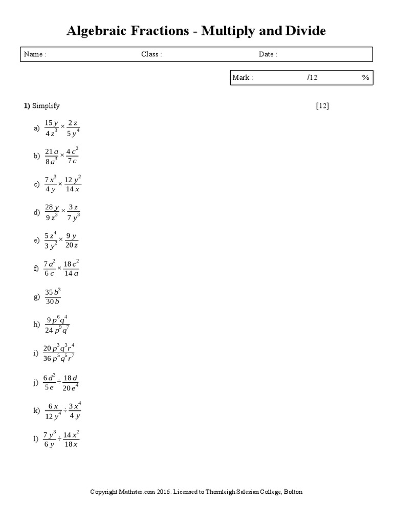 Algebraic Fractions - Multiply and Divide | PDF | Division (Mathematics)