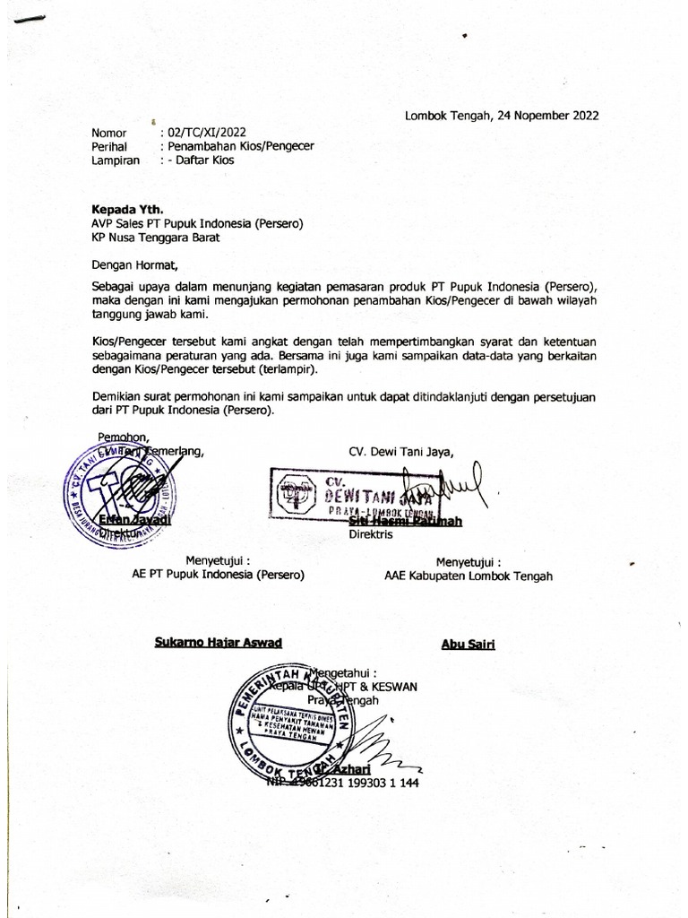 Surat Permohonan Penambahan Kios/Pengecer Praya Tengah Th.2023 | PDF