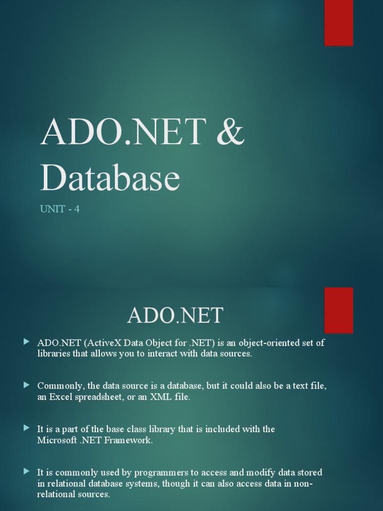 Unit 4 - ADO - NET & Database4 | PDF | Databases | Active X Data Objects