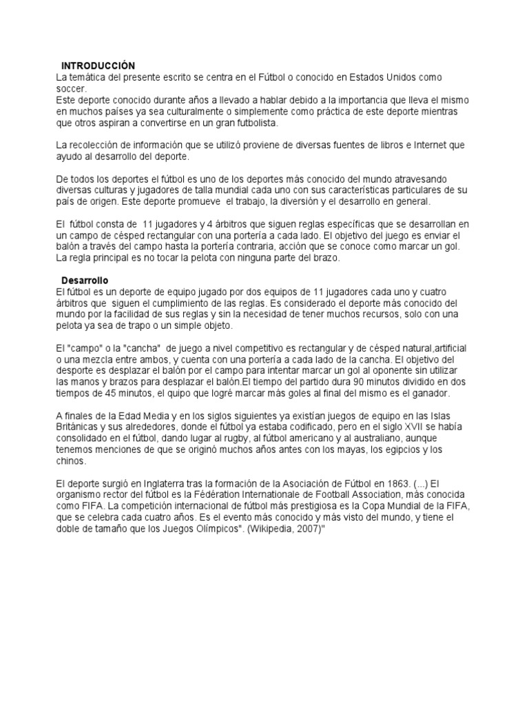 Ensayo Sobre El Futbol | PDF | Asociación de Futbol | Deportes