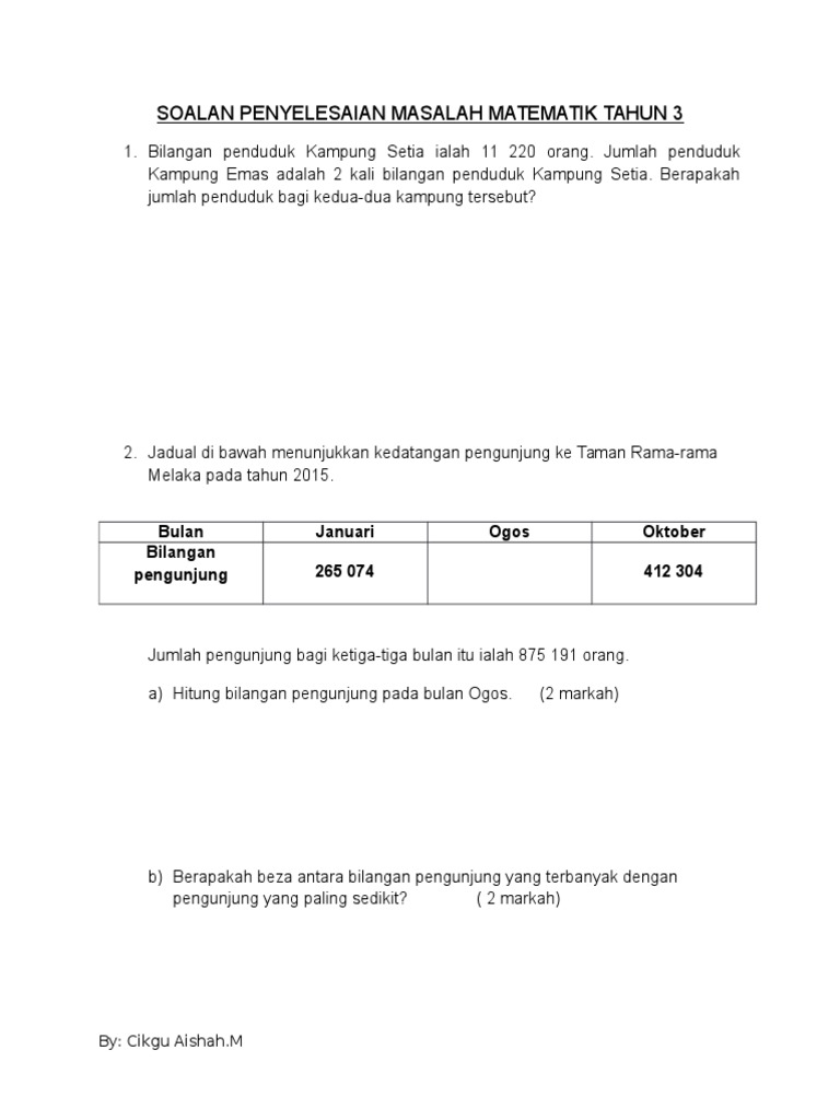Soalan Penyelesaian Masalah Matematik Tahun 3 | PDF
