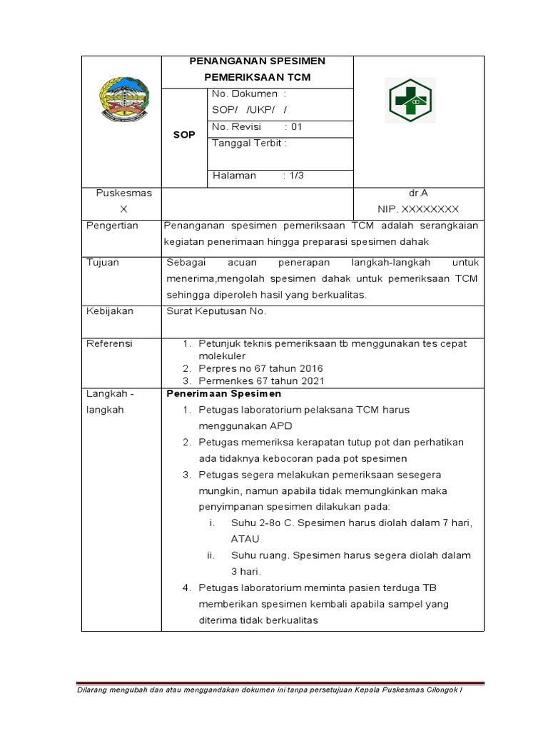 SOP Penanganan Spesimen TCM | PDF