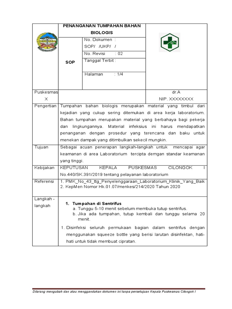 SOP Pemeriksaan Penanganan Tumpahan Dalam Centrifuge | PDF | Griya & Taman