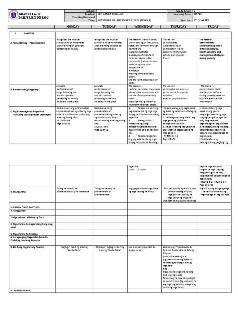 DLL - Mapeh 5 - Q2 - W4 | PDF | Learning | Behavior Modification