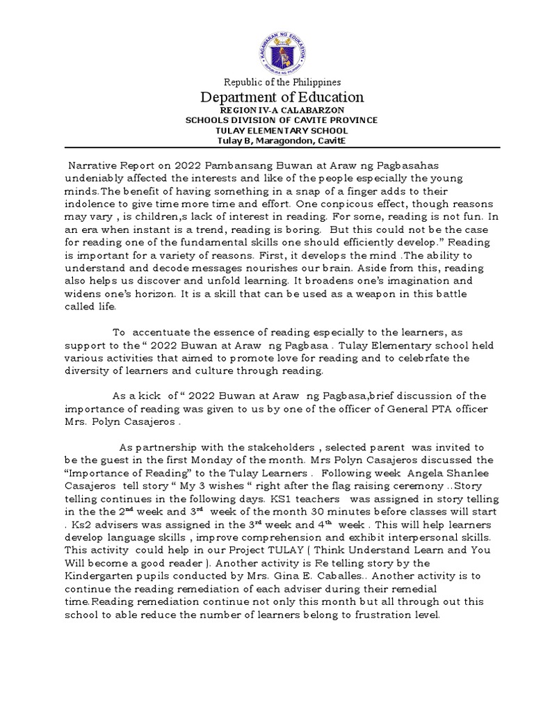 Buwan NG Pagbasa 2022 2023 NARRATIVE Copy Copy 2 | PDF | Reading ...
