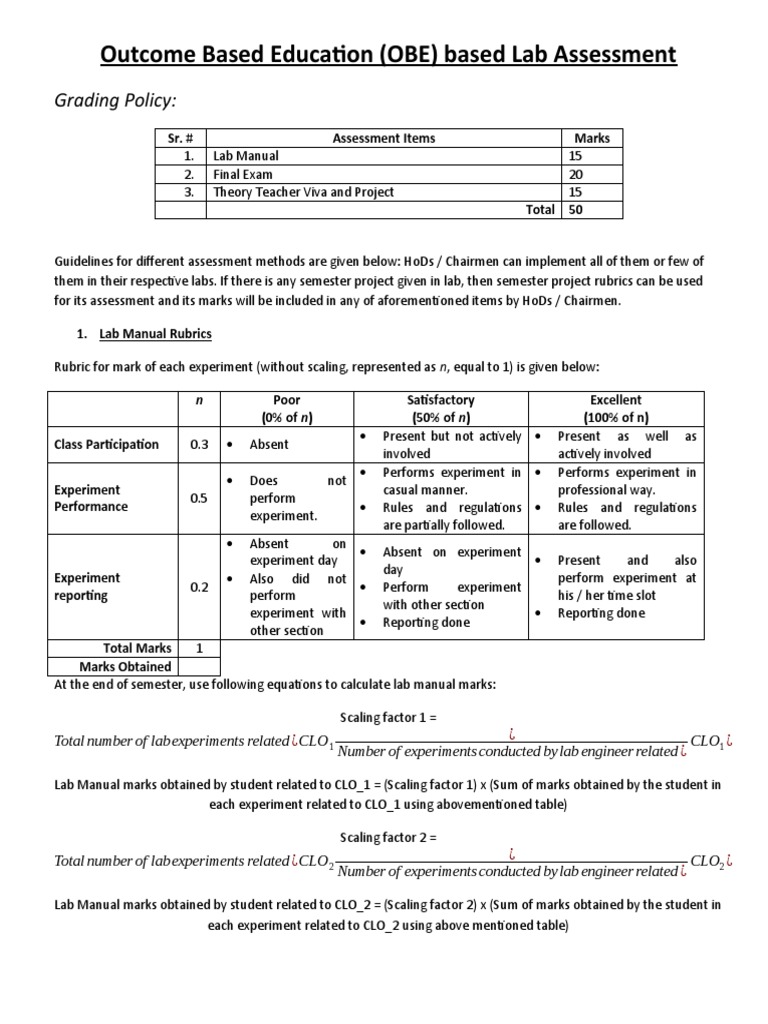 Annexure 2 - A Lab Assessment - OBE - Based | PDF | Experiment | Rubric (Academic)