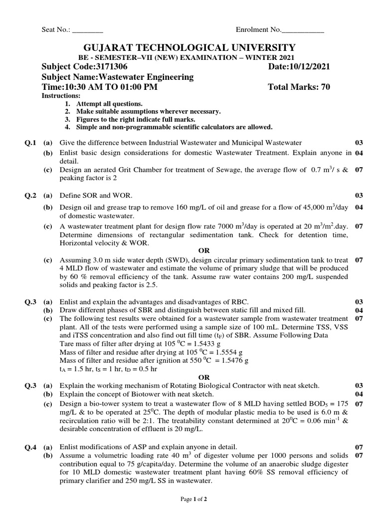 Design of Various Units for Wastewater Treatment Plant: Sedimentation ...