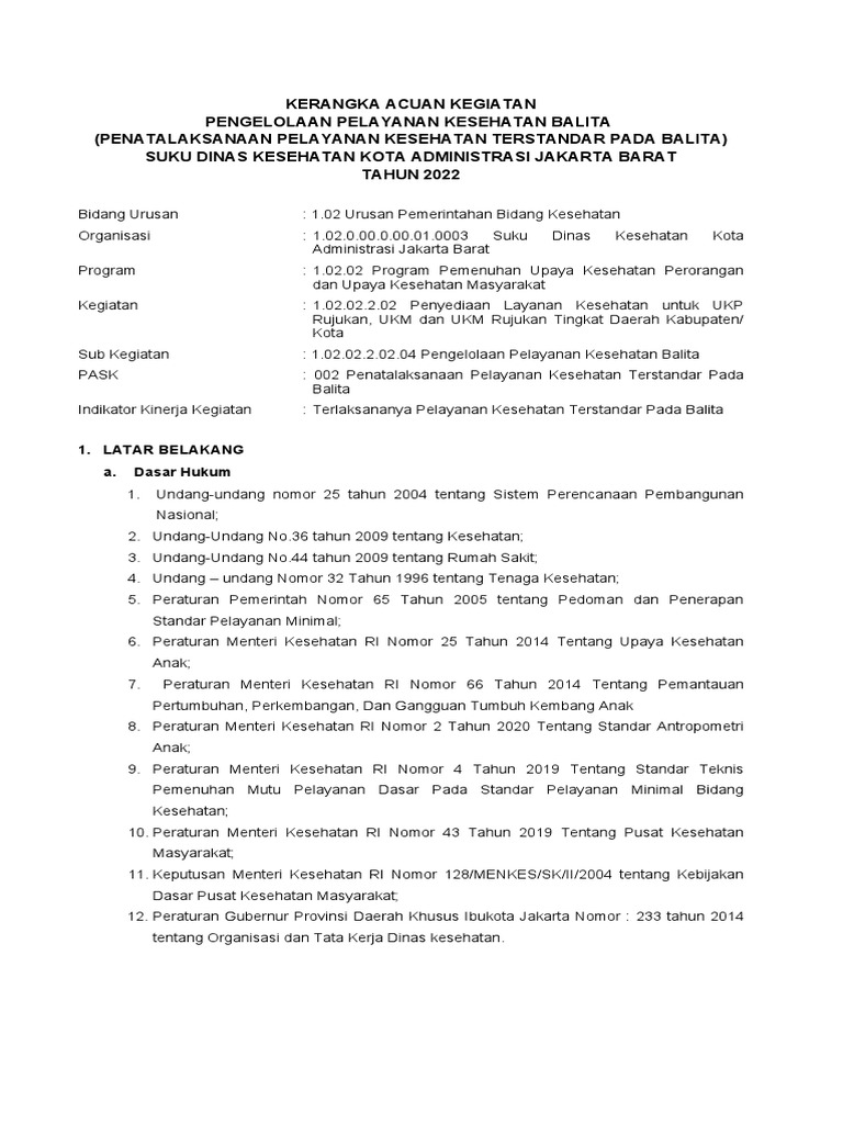 Kerangka Acuan Kegiatan SDIDTK 2022 | PDF