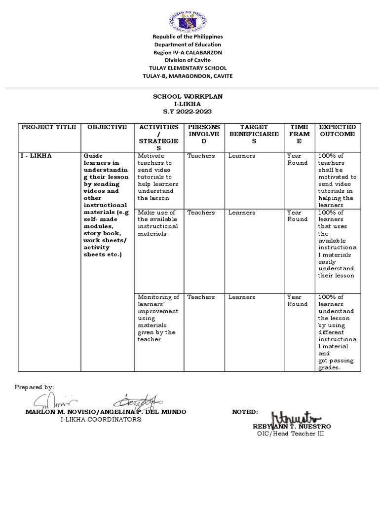 Workplan-I-Likha Tulay Es | PDF