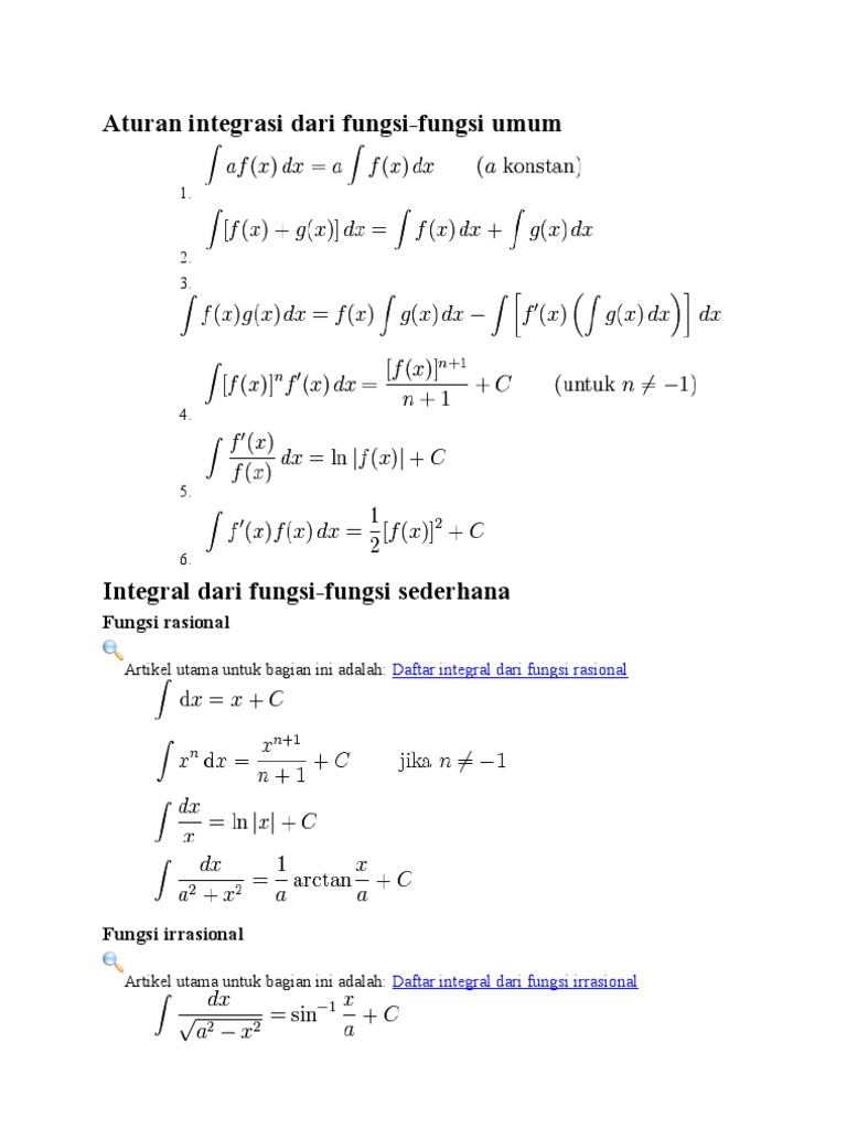 Aturan dan Tabel Integral Fungsi | PDF | Metode & Bahan Ajar