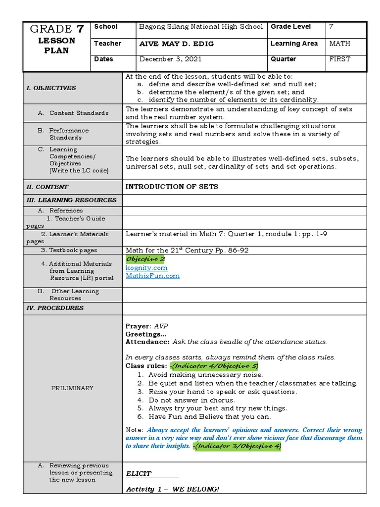 Lesson Plan Grade7 Q1 - Sets | PDF | Learning | Teachers