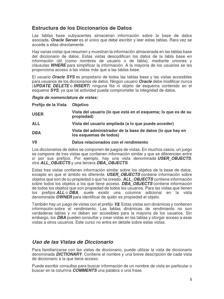 Estructura de Los Diccionarios de Datos ORACLE | PDF | Bases de datos | Datos de computadora