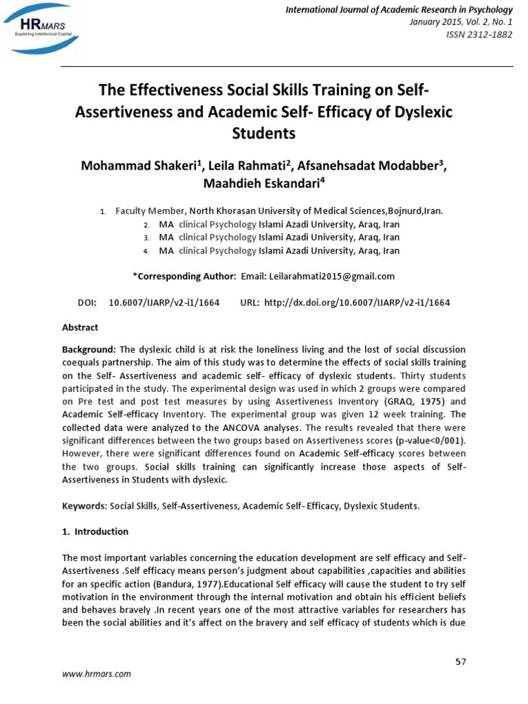 Social Skills Training for Dyslexic Students | PDF | Self Efficacy ...
