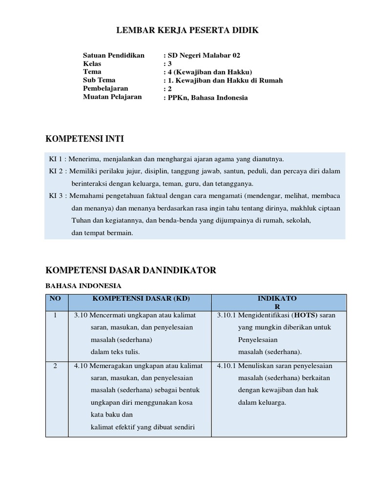 LKPD Kelas 3 Tema 4 Subtema 1 Pembelajaran 2 Faqih Laela Ambika | PDF