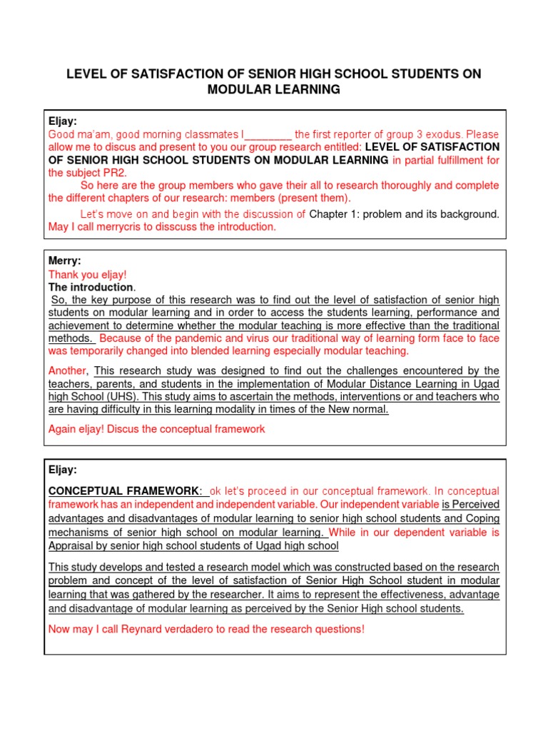 Level of Satisfaction of Senior High School Students On Modular Learning 1 | PDF | Sampling ...
