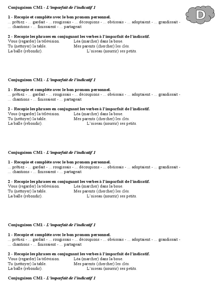 CM1 Limparfait de Lindicatif Exercices | PDF | Verbe | Conjugaison