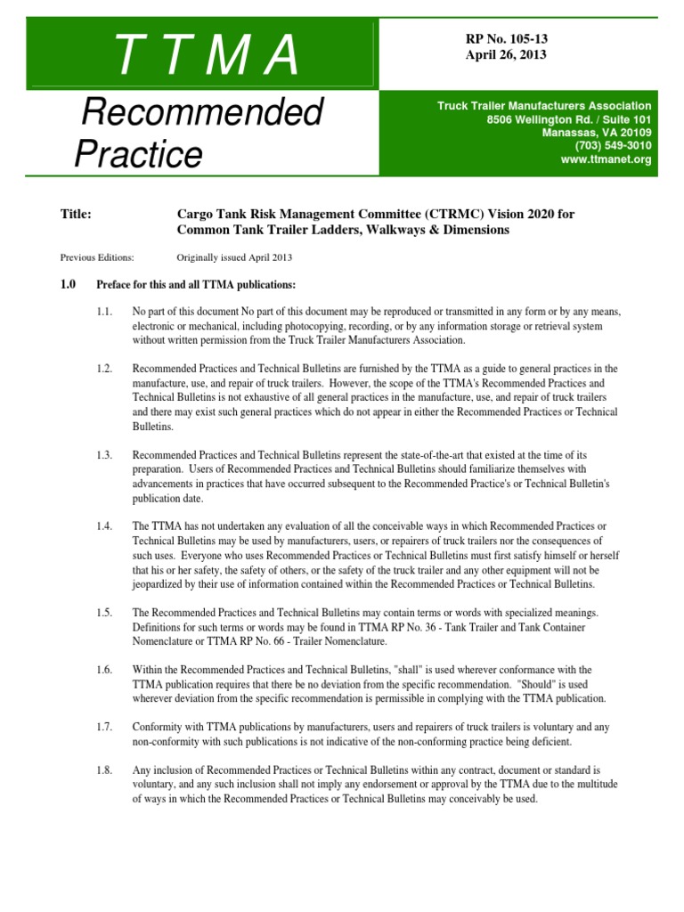 TTMA RP 105 2013 CTRMC Vision 2020 For Ladders & Walkways | PDF | Tanks ...