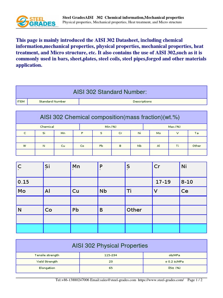 Datasheet for Steel Grades Carbon Steel AISI 302 | PDF | Rolling (Metalworking) | Steel