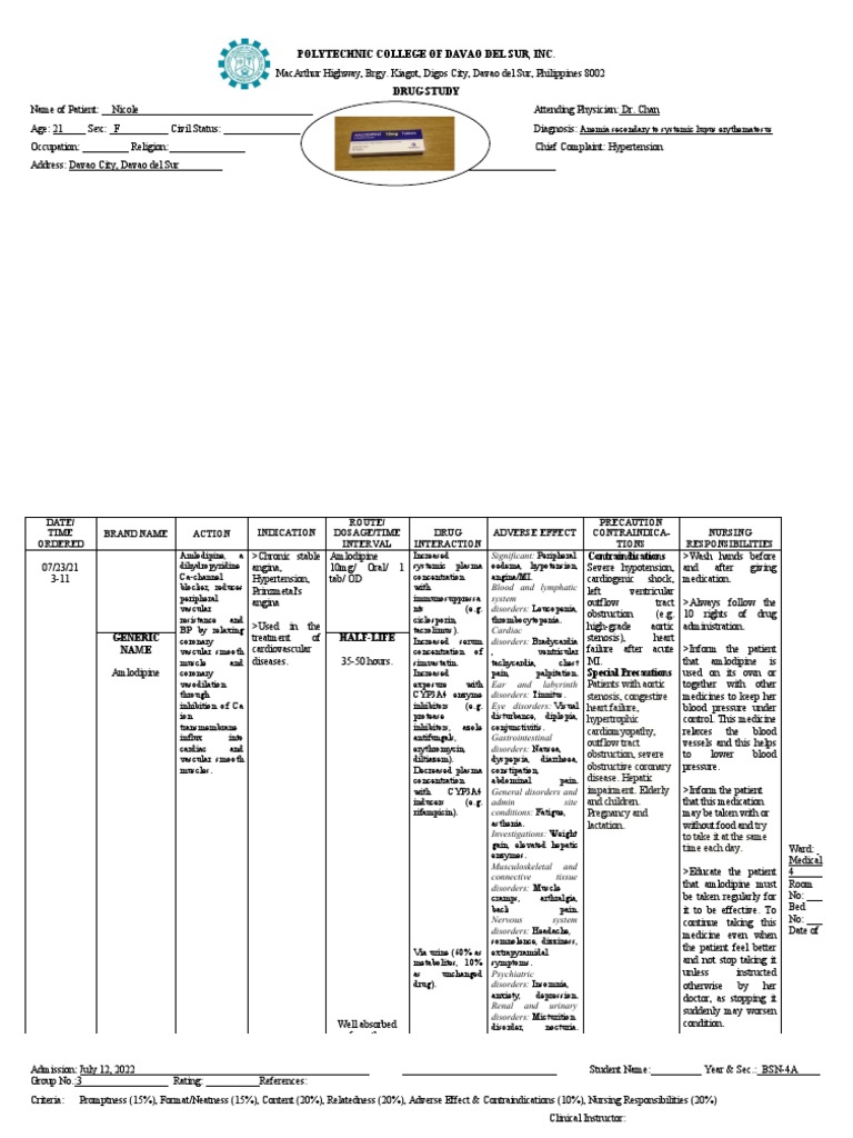 Drug Study Amlodipine | PDF | Drugs | Cardiovascular System